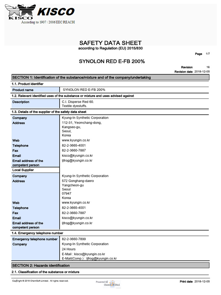 Safety Data Sheet for SYNOLON RED E-FB 200% | PDF | Chemistry ...