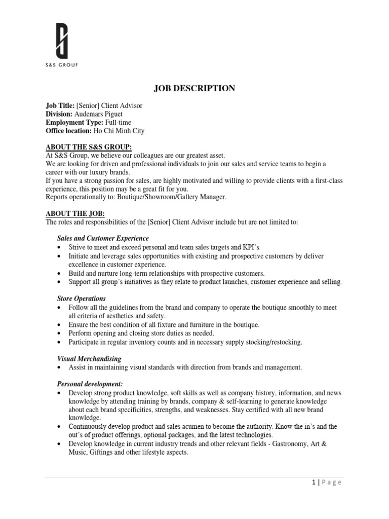 Senior Client Advisor Job in Ho Chi Minh | PDF | Brand | Sales