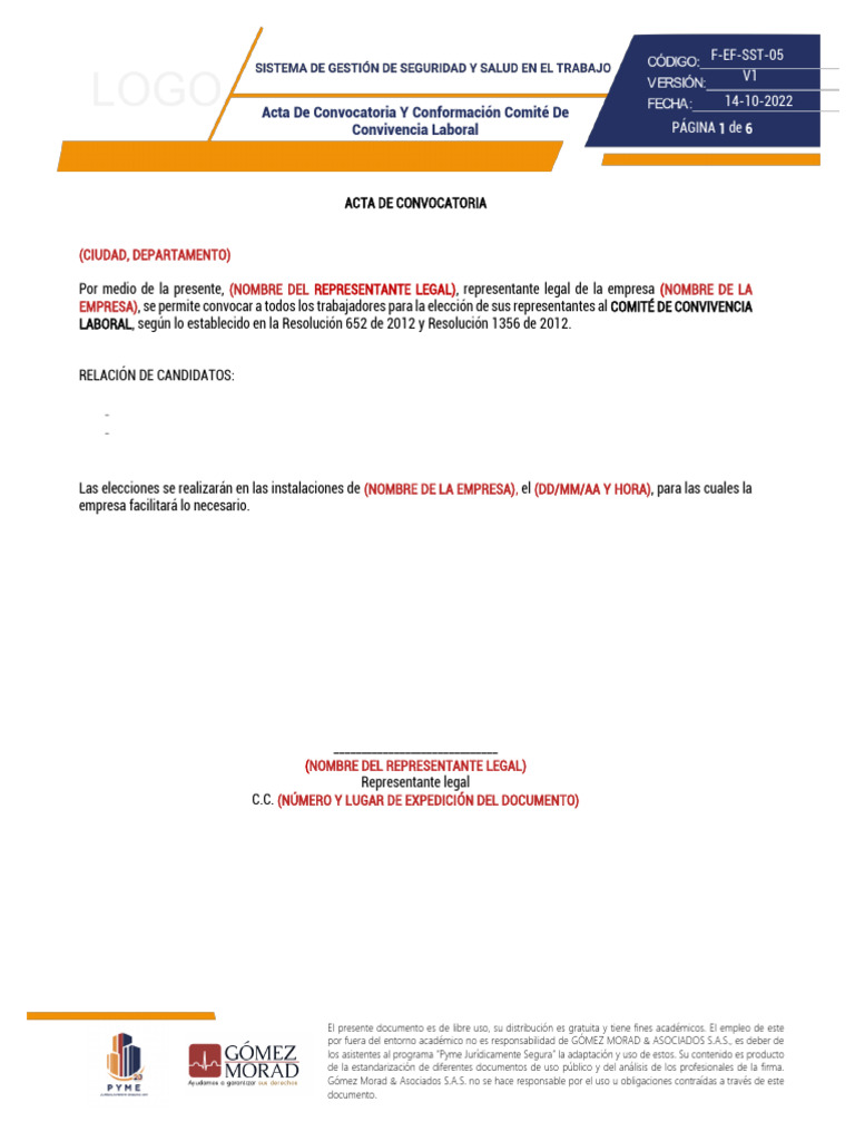 Acta de Convocatoria y Conformaci N Comit de Convivencia Laboral. | PDF | Gobierno | Elecciones