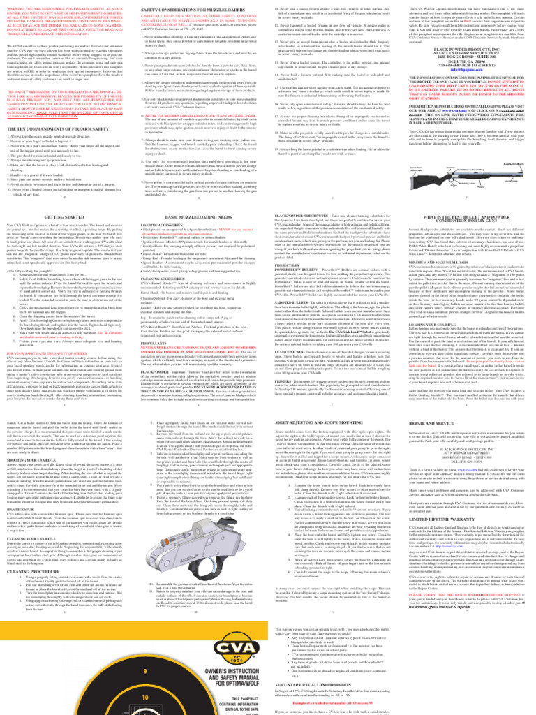 Cva Optima Wolf Muzzleloader Instruction Manual | PDF | Gun Barrel | Firearms