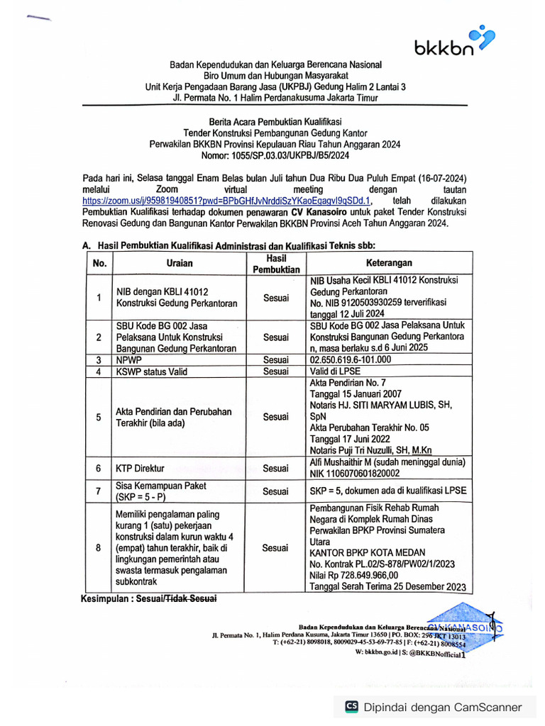 BA Pembuktian Kualifikasi Tender Konstruksi Aceh - CV Kanasoiro - Pls Sign | PDF