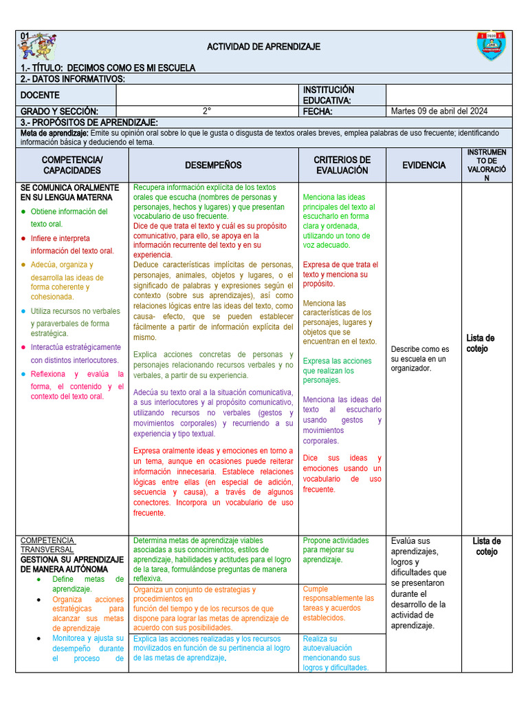 Actividad 4 - Decimos Como Es Mi Escuela | PDF | Aprendizaje | Experiencia