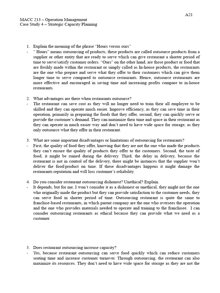 Case Study 4 - A21 | PDF | Outsourcing | Restaurants