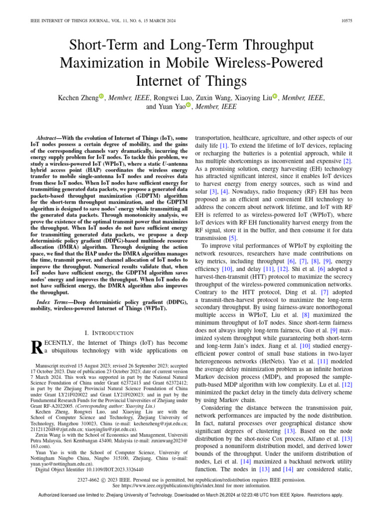J6 Short Term And Long Term Throughput Maximization In Mobile Wireless Powered Internet Of