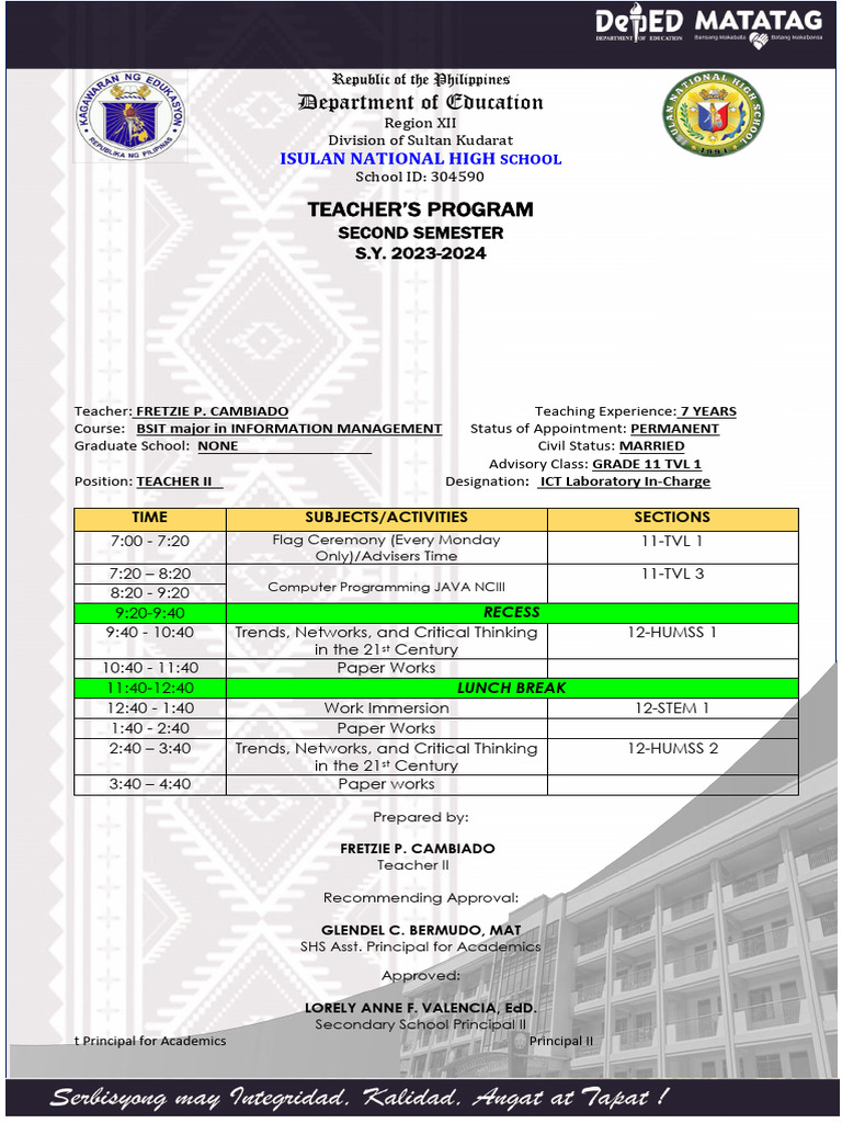 TEACHERS PROGRAM 2nd Sem 2024 | PDF | Behavior Modification