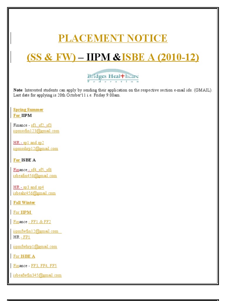 Placement Notice (SS & FW) ISBE A (2010-12) : - Iipm & | PDF ...