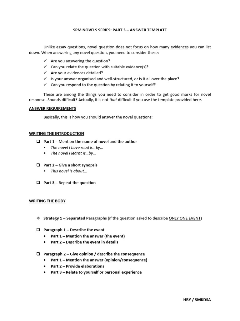 SPM Novels Series - Answer Template | PDF | Language Arts & Discipline