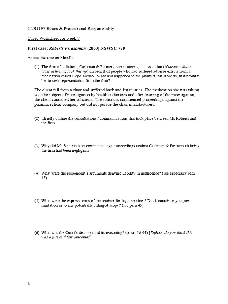 Cases Worksheet Week 7 | PDF | Negligence | Judgment (Law)