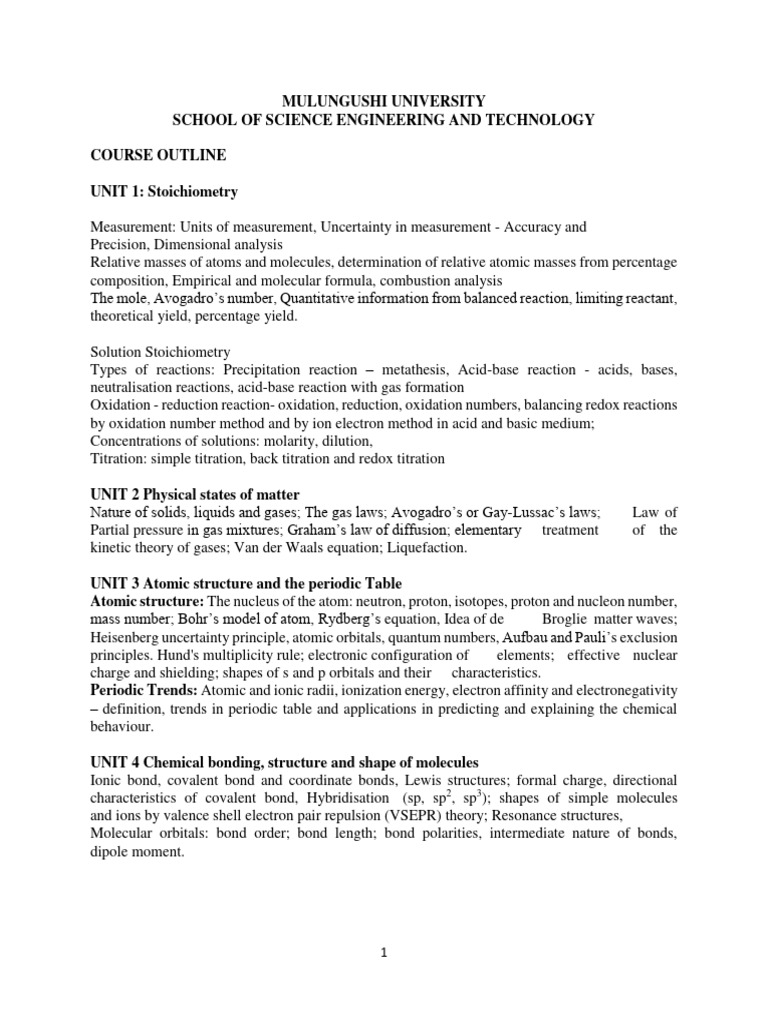 Che 111 Course Outline | PDF | Chemical Bond | Chemical Reactions