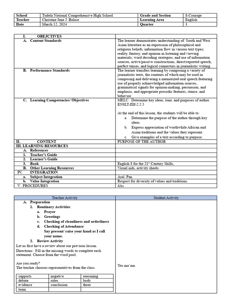 Final Lesson Plan English 8-WALKTHROUGH March 12 J 2024 | PDF | Nelson ...
