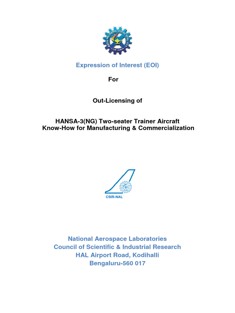 EOI For Transfer of Technology On Hansa-3 (NG) Dated 8 July 2024 | PDF | Aviation