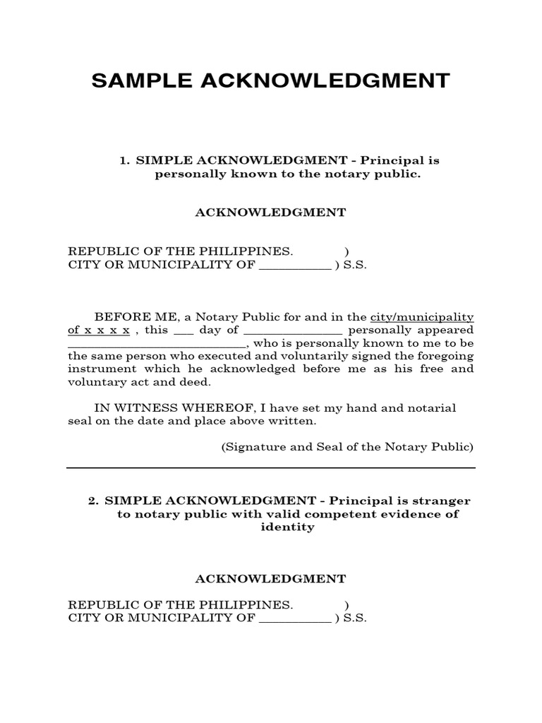 Form 3 - Sample Acknowledgment | PDF | Notary Public | Civil Law ...