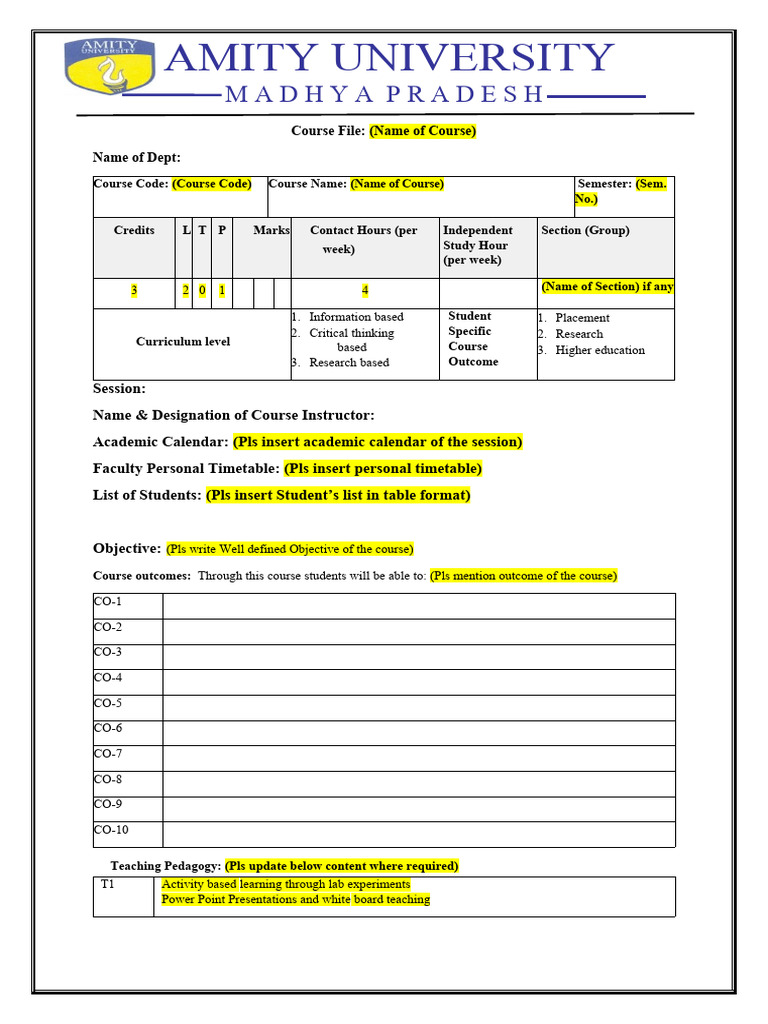 Amity University Course File Template | PDF | Academic Term | Behavior Modification