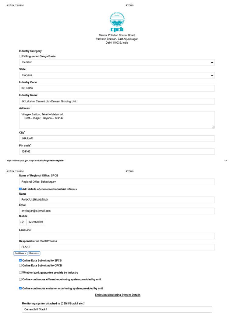 Rtdms JKL Jhajjar CPCB Form | PDF | Environmental Issues | Pollution