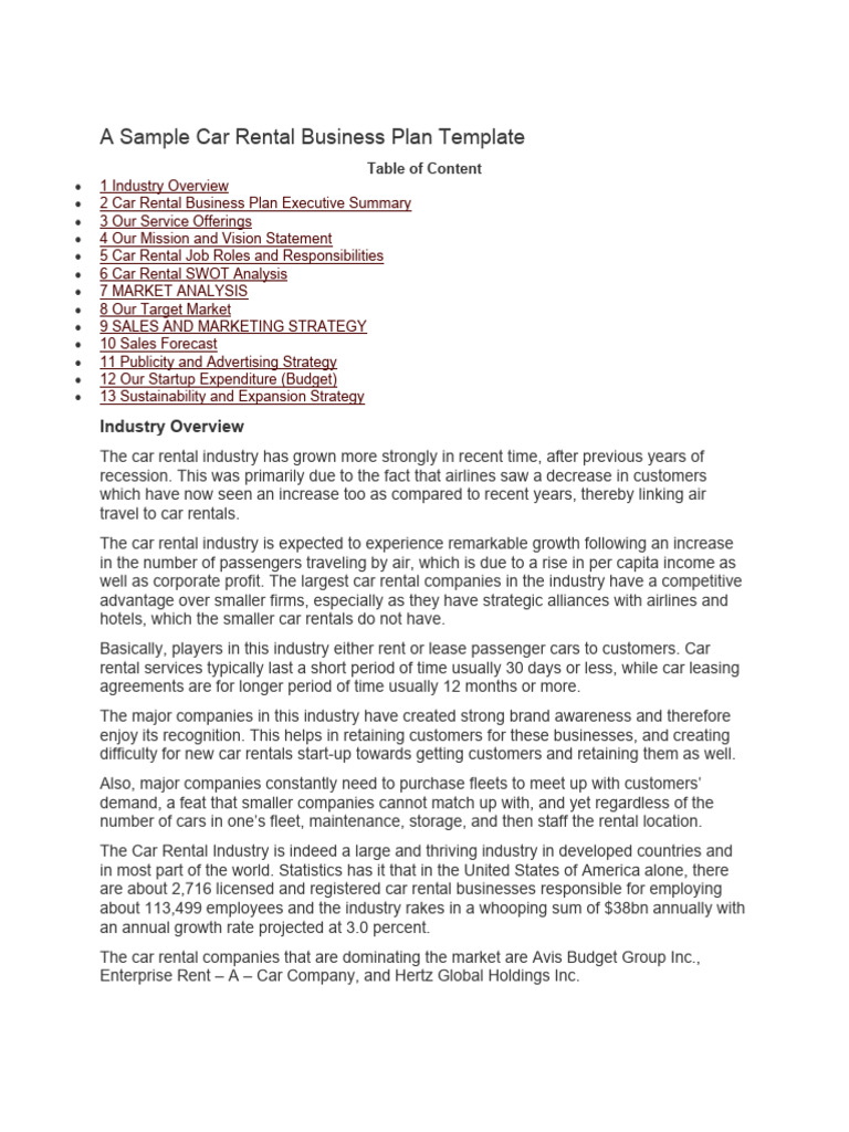 A Sample Car Rental Business Plan Template | PDF | Marketing ...