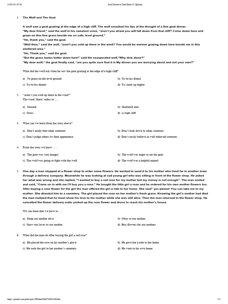 Soal Narrative Text Kelas 9 - Quizizz | PDF