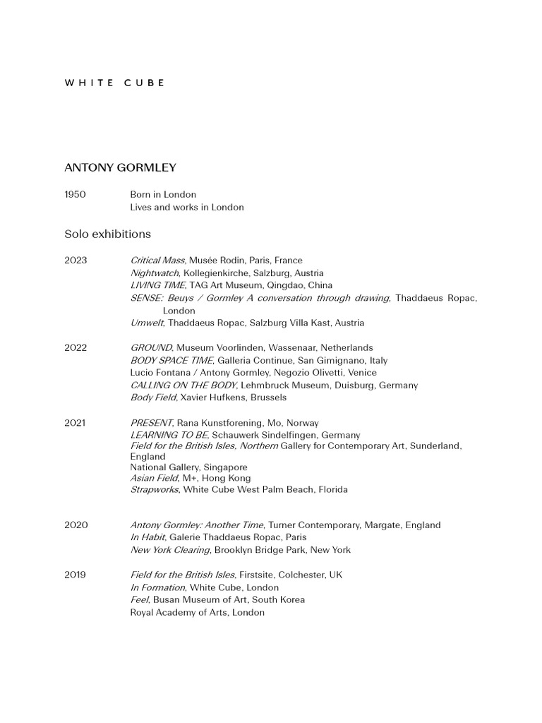 Antony Gormley CV October 2023 | PDF | London | Art Museum