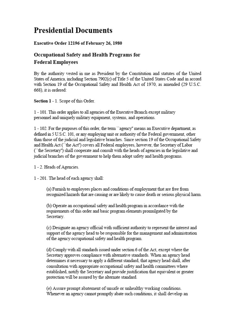 Eo 12196 | PDF | Occupational Safety And Health | Federal Government Of ...