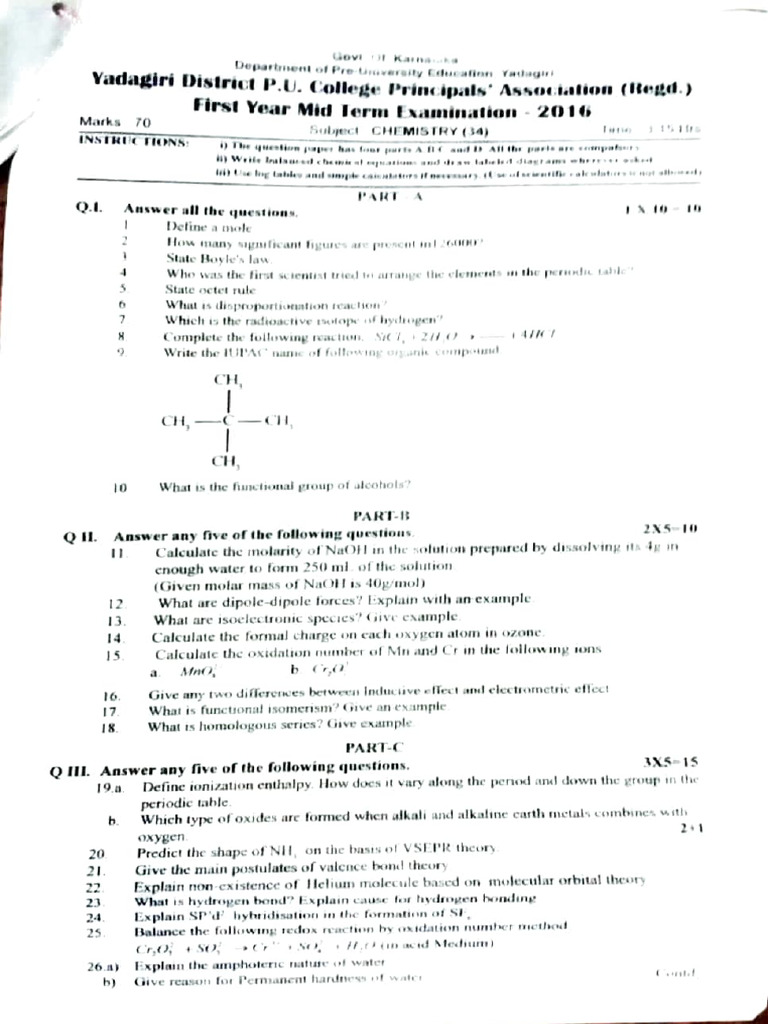 1st Pu Chemistry Midterm Question Papers | PDF | Chemical Bond | Gases