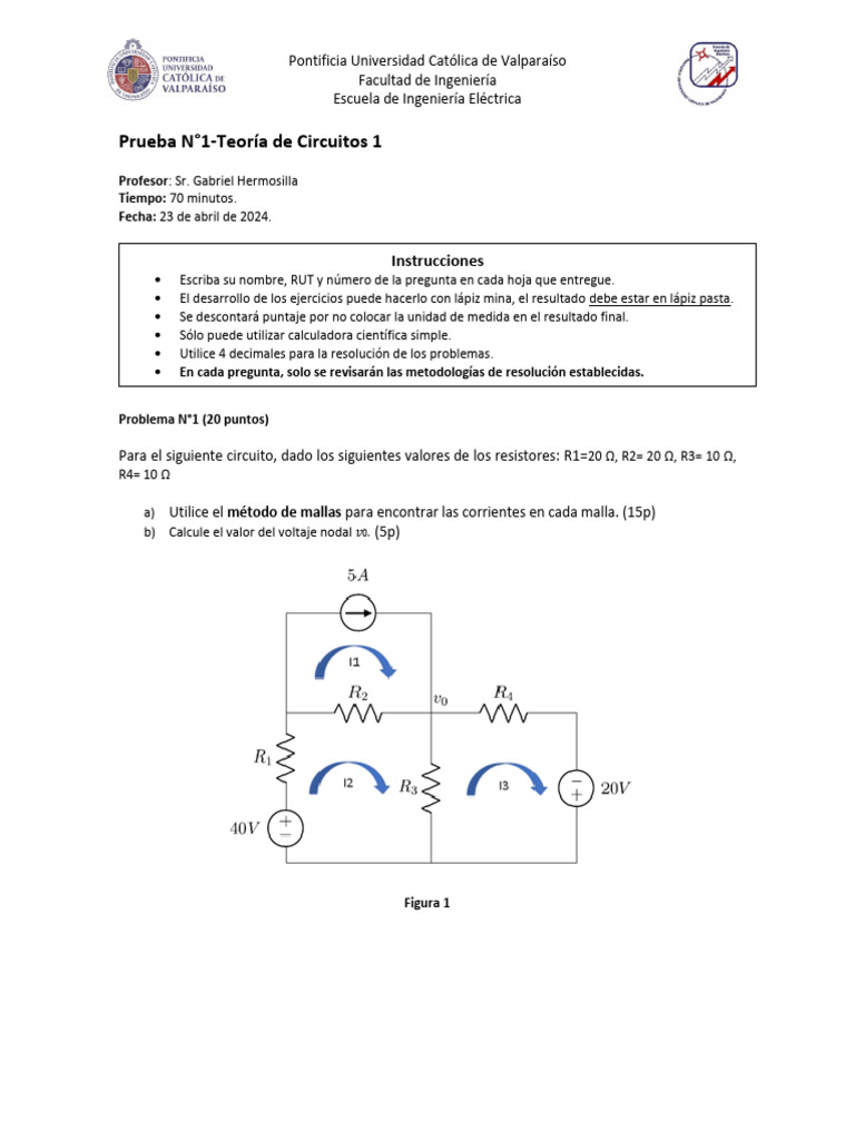 PAUTA EIE 280 - Teoría de Circuitos 1 - Prueba N°1 S1 2024 | PDF | Red eléctrica | Electrónica