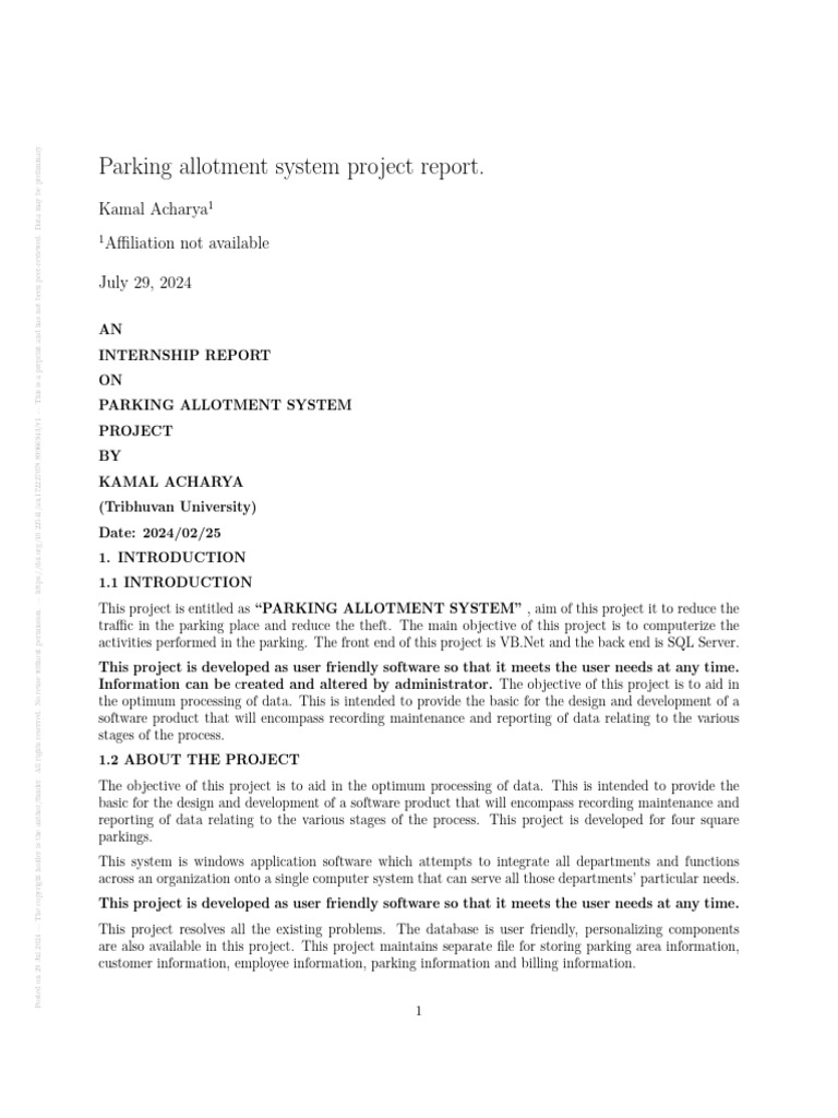 Parking Allotment System Project Report. | PDF | Class (Computer Programming) | Thread (Computing)