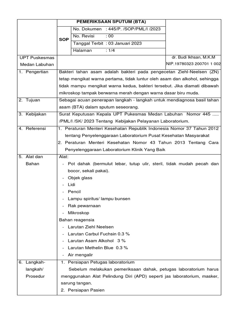 Sop Pemeriksaan Sputum (Bta) | PDF | Sains & Matematika