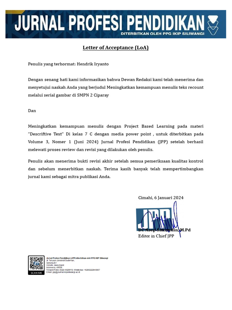 Letter of Acceptance (LoA) JPP Hendrik Iryanto | PDF