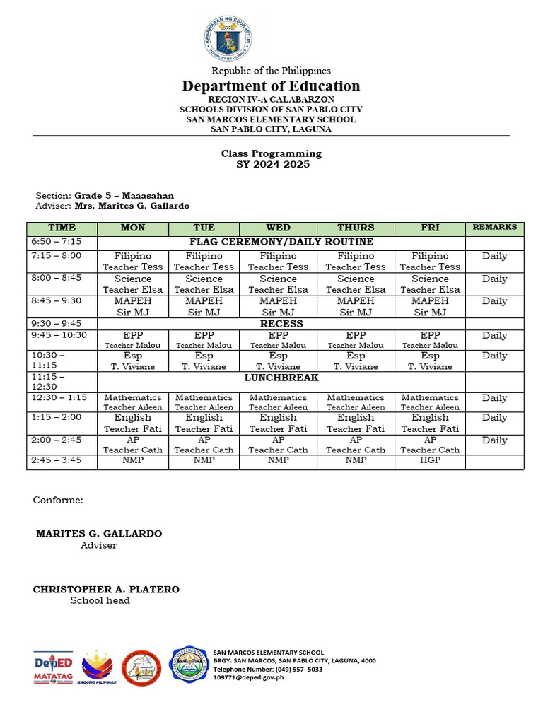 Grade 5 Class Schedule 2024-2025 | PDF | Philippines