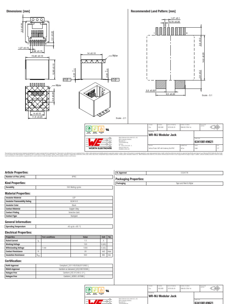 Connector RJ45 Jack SMT Vertical Plastic 8P8C 634108149621 Datasheet ...