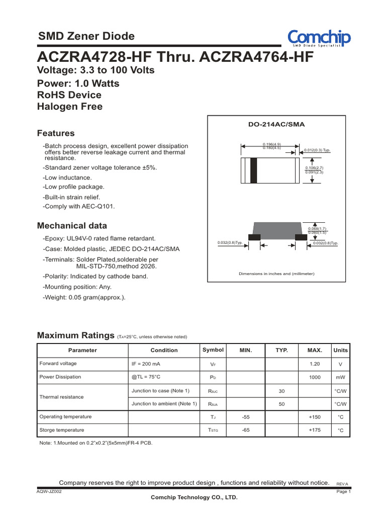 Diode Zener VZ 24V Iz 5ua PD 1W ACZRA4749-HF Datasheet | PDF | Electrical Components ...
