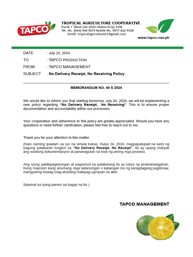 TAPCO No Delivery Receipt Policy Update | PDF | Business