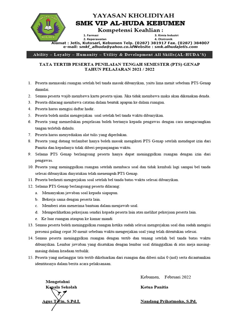 Tata Tertib PTS Genap SMK Al-Huda | PDF