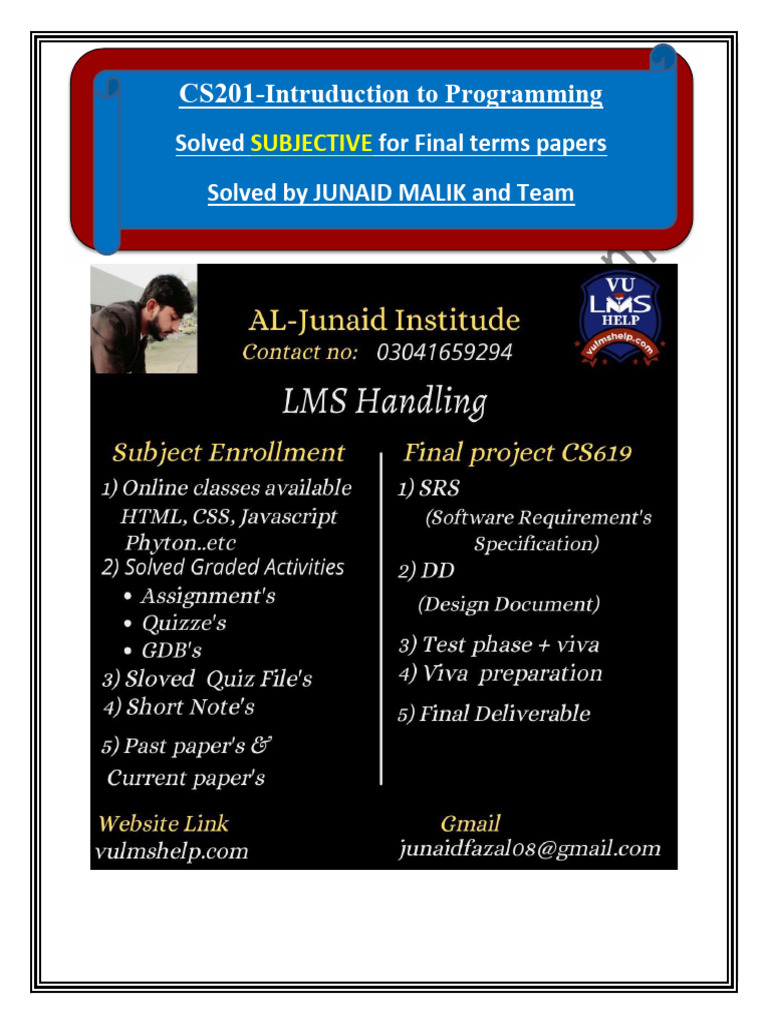 CS201 Solved SUBJECTIVE Final Term by JUNAID | PDF | Pointer (Computer ...