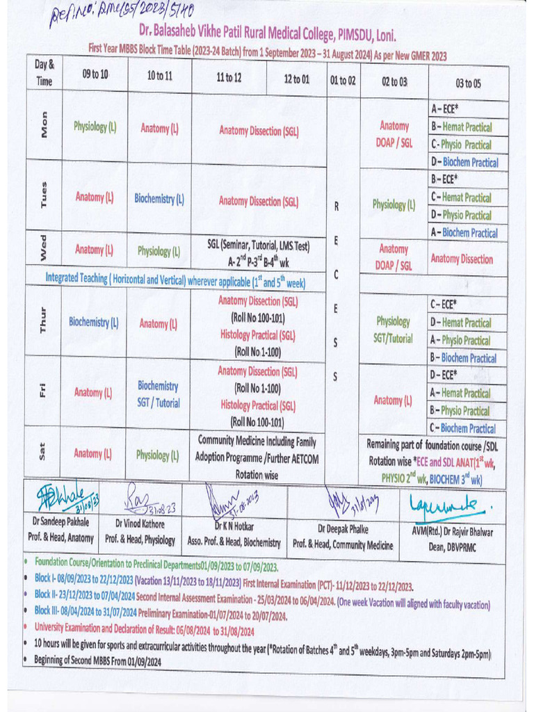 First Year Block Time Table Mbbs 2023 24 Batch | PDF