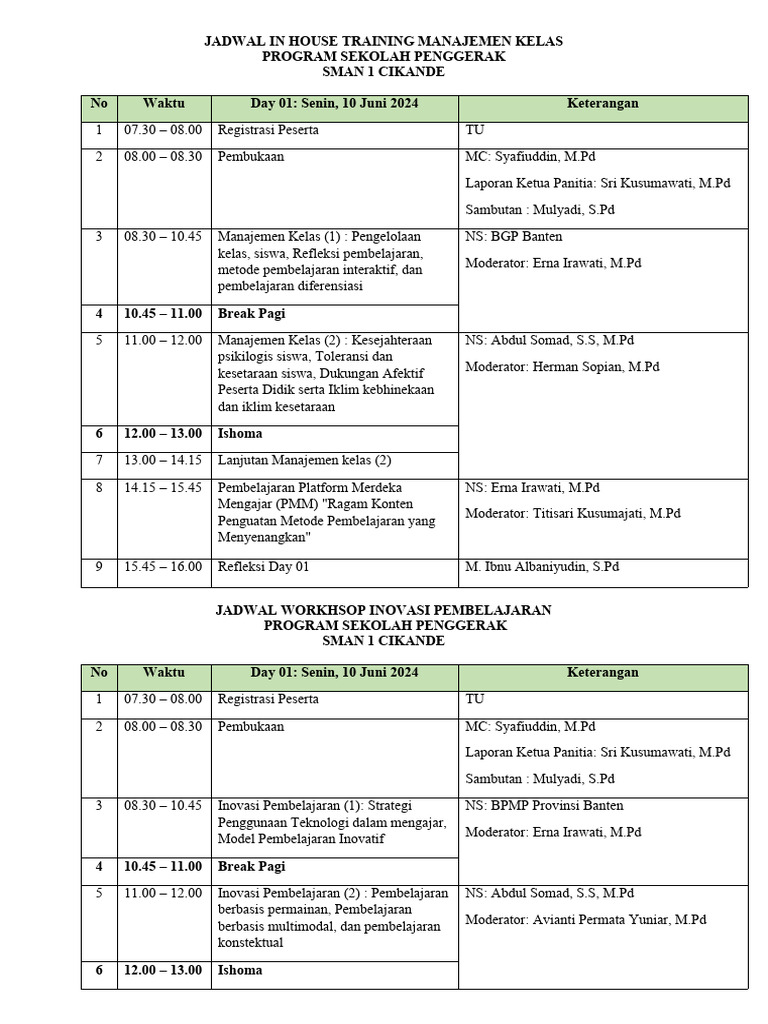 Jadwal IHT Dan Workshop | PDF