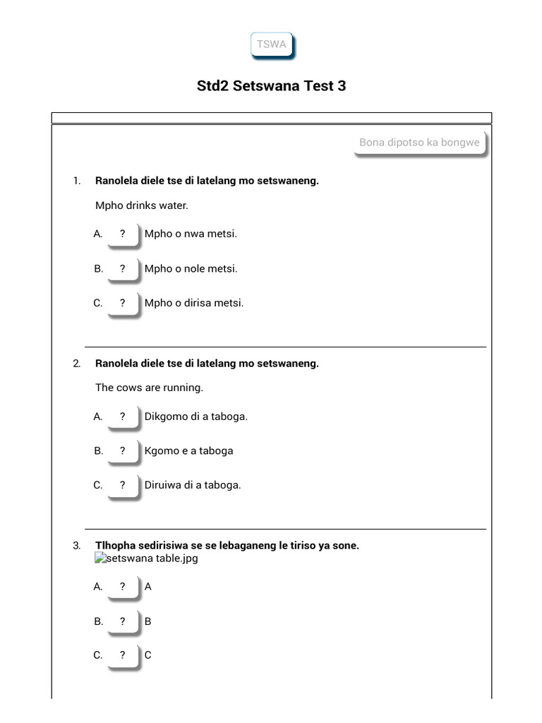 Std2 Setswana Test 3 | PDF