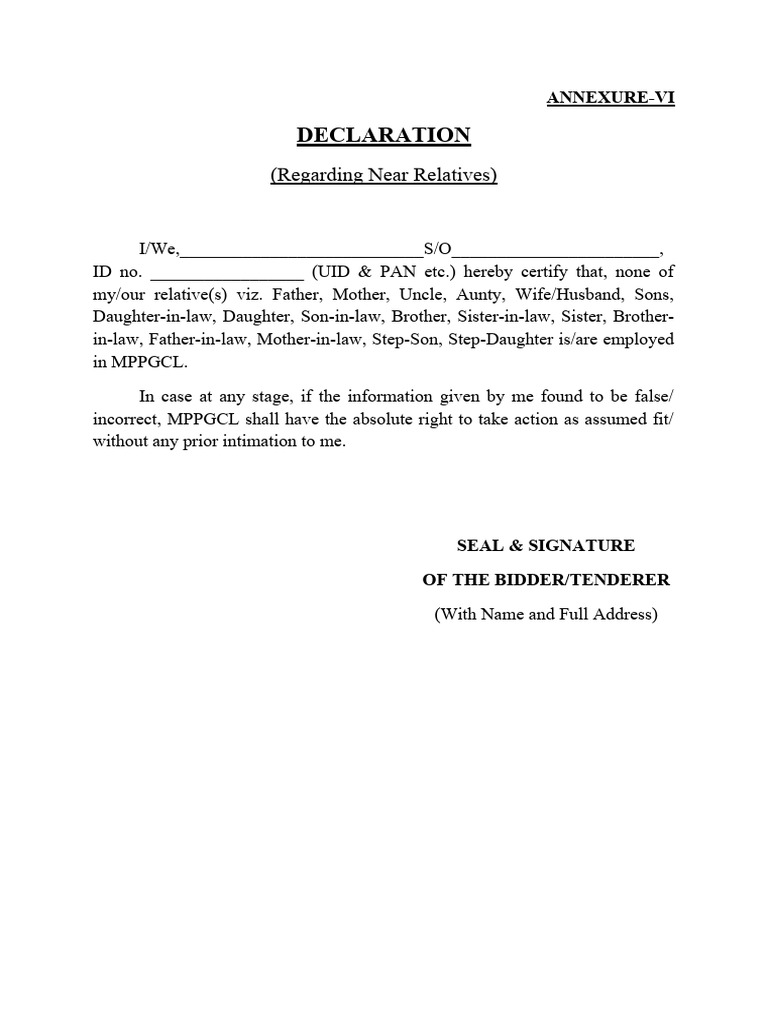 Declaration of No Relatives in MPPGCL | PDF