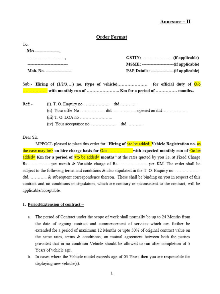 Vehicle Hiring Order Format | PDF | Value Added Tax | Taxes