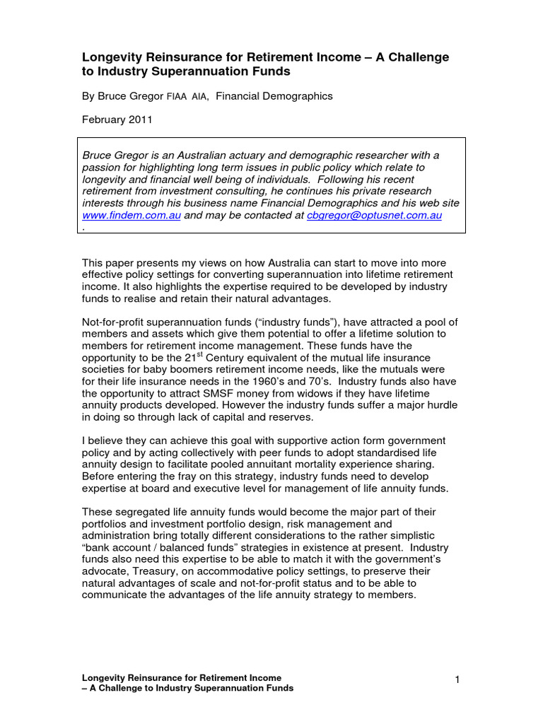 Bruce Gregor - 2011 - Longevity Reinsurance For Retirement Income | PDF | Pension | Life Annuity