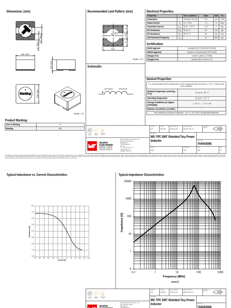 Inductor Fixed SHLD 4828 6.8uh Ir 1.3A 80mohms 30% 744043006 Datasheet ...