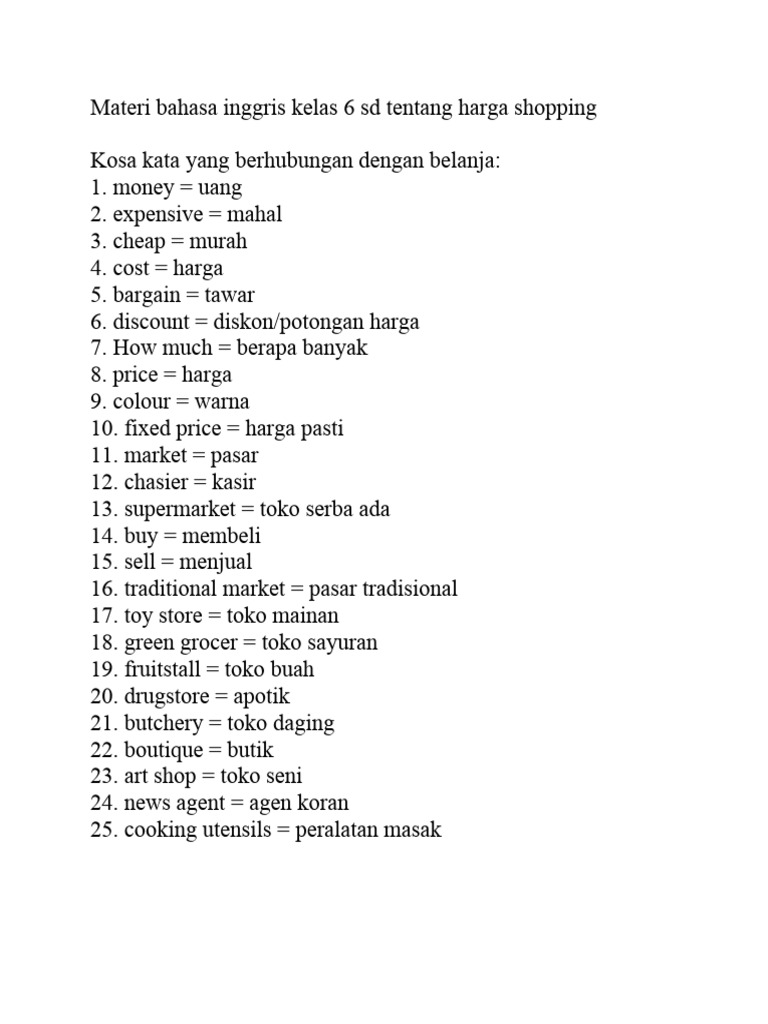 Materi Bahasa Inggris Kelas 6 SD Tentang Harga Shopping | PDF ...