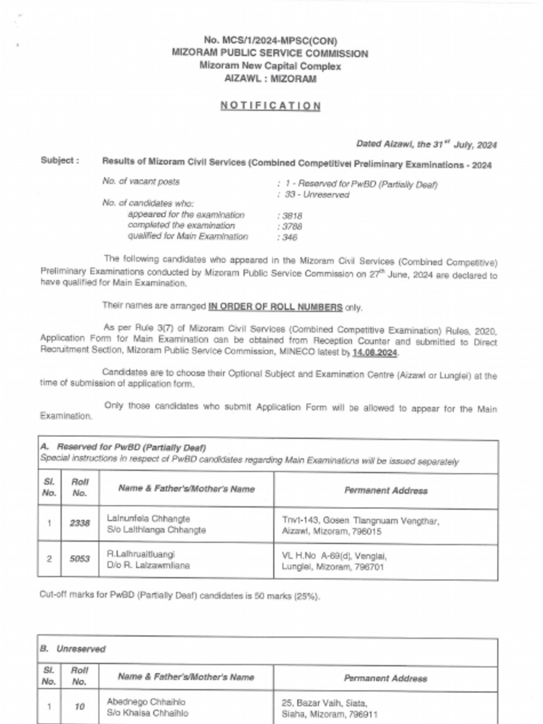 Results of Mcs Combined Competitive Preliminary Examination 2024 | PDF
