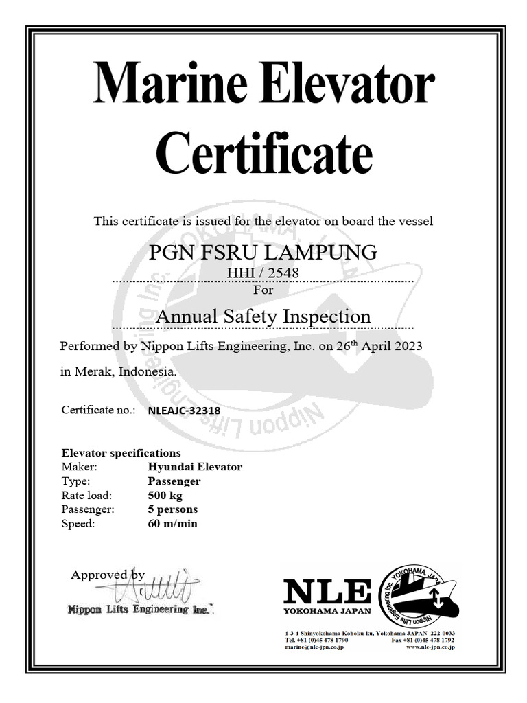 Marine Elevator Safety Inspection Certificate | PDF