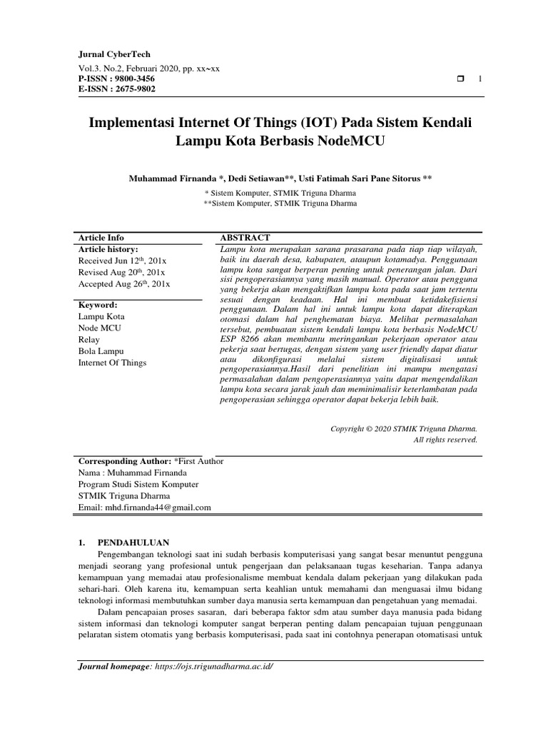 Implementasi Internet of Things (IOT) Pada Sistem Kendali Lampu Kota Berbasis NodeMCU | PDF