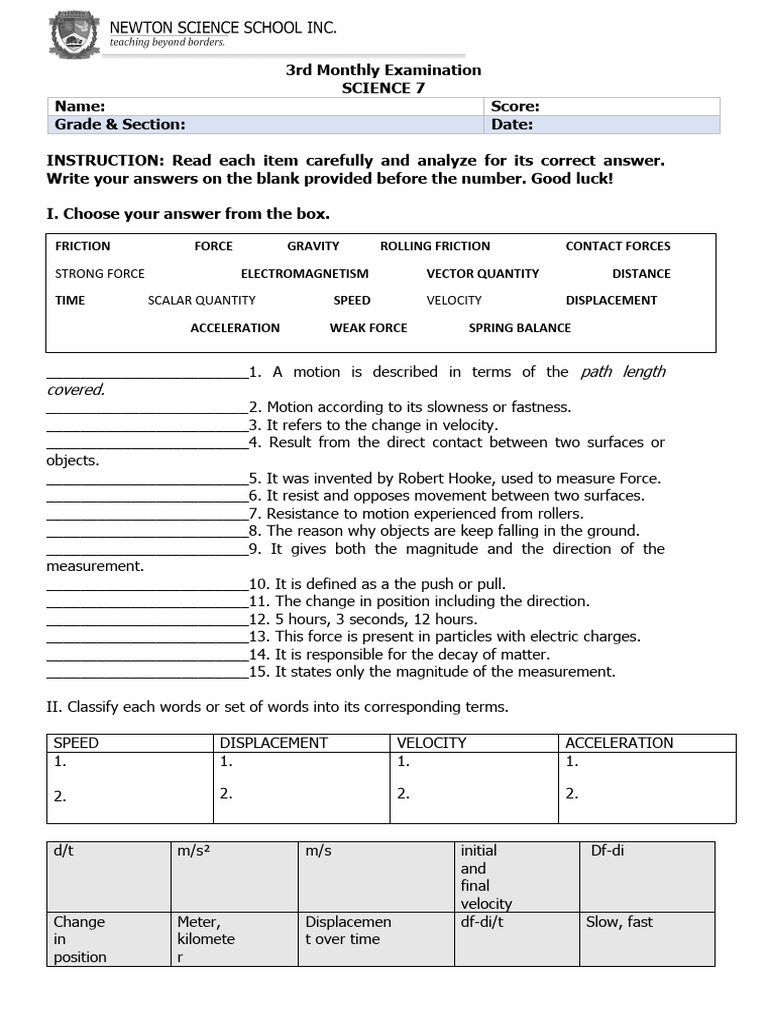 3rd MONTHLY EXAM - SCIENCE 7 | PDF | Force | Velocity