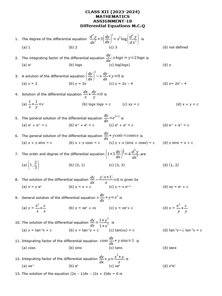 Class XII Differential Equations MCQs | PDF | Equations | Mathematical ...