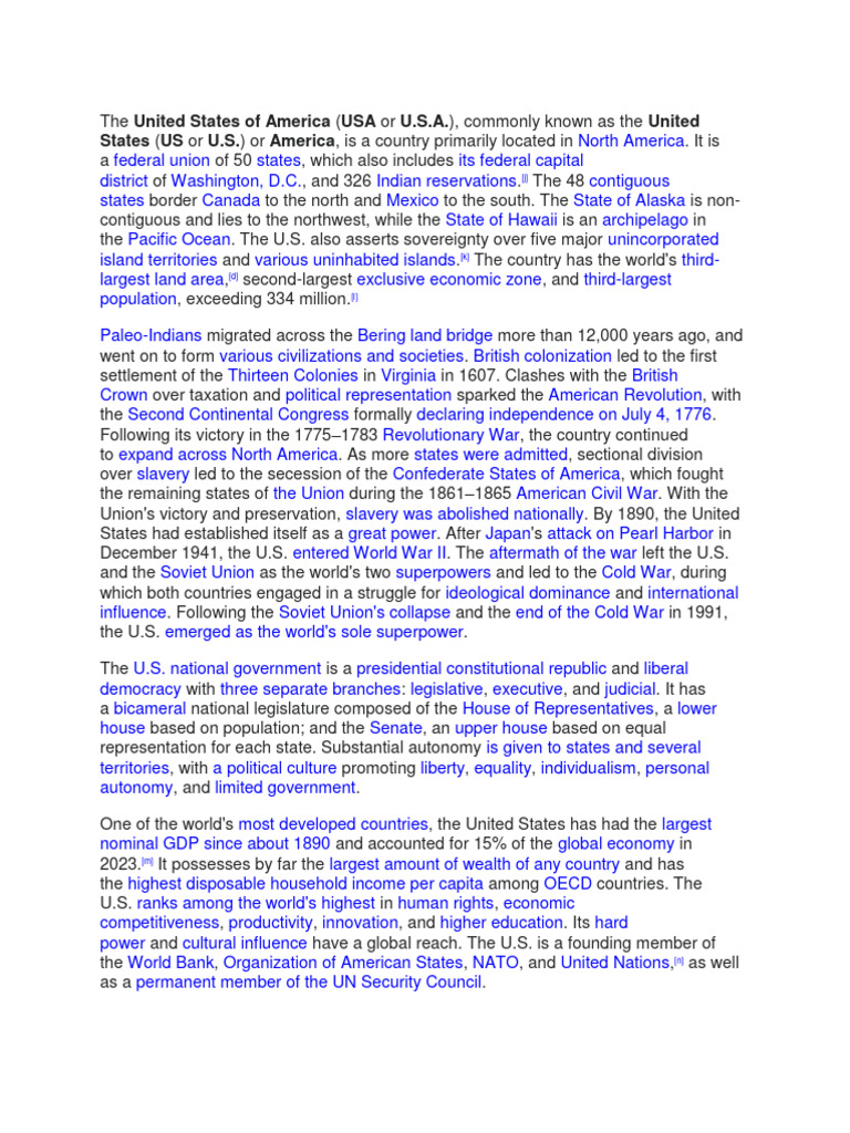 States (US or U.S.) or America, Is A Country Primarily Located in | PDF ...