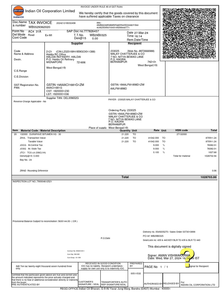 Ioc Sample Bitumen Challan | PDF | Taxes | Government Finances