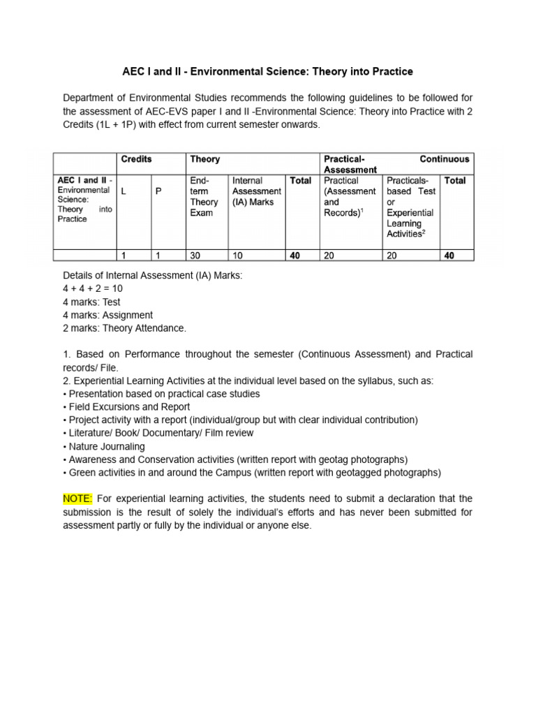 AEC EVS Assessment Details - Practical Based Experiential Learning | PDF | Science & Mathematics