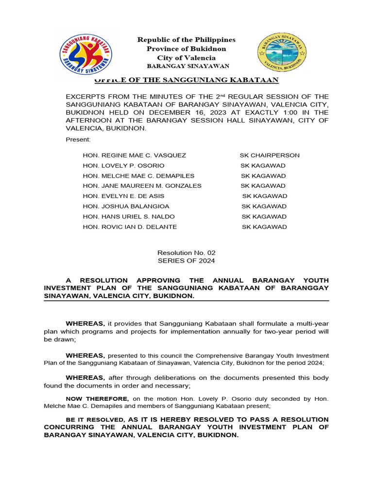 SK Resolution (Abyip) 2024 | PDF | Youth Organizations